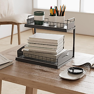 HOJAYK Under Sink Organizer, 2-Tier Metal Put Out Under Kitchen Sink Organizers and Storage, Sliding Shelf Cabinet Organizer for Kitchen, Bathroom, Desk - White