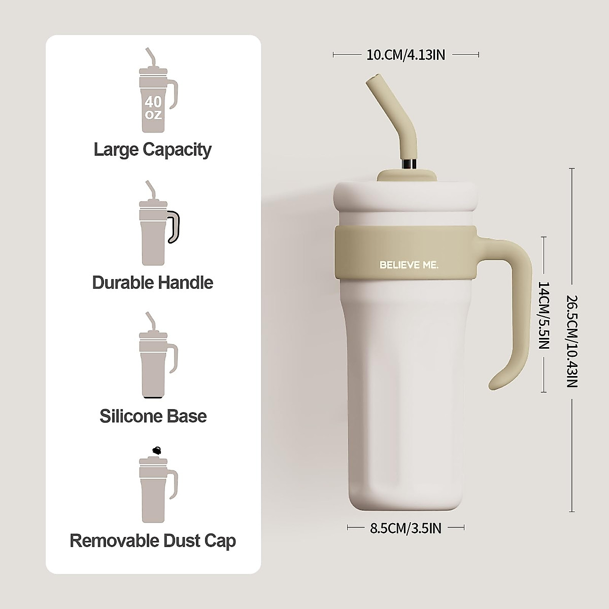 40 oz Tumbler with Handle, Stainless Steel Double Wall Vacuum Bottle Travel Mug, 100% Leakproof Insulated Tumbler with Straw and Lid, Reusable Coffee cup for gift (Beige)