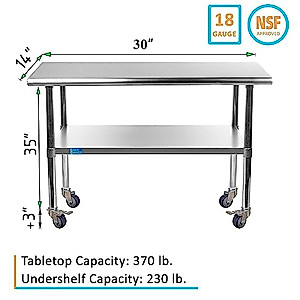 Commercial Stainless Steel Work Table with Undershelf & Casters (14X30)