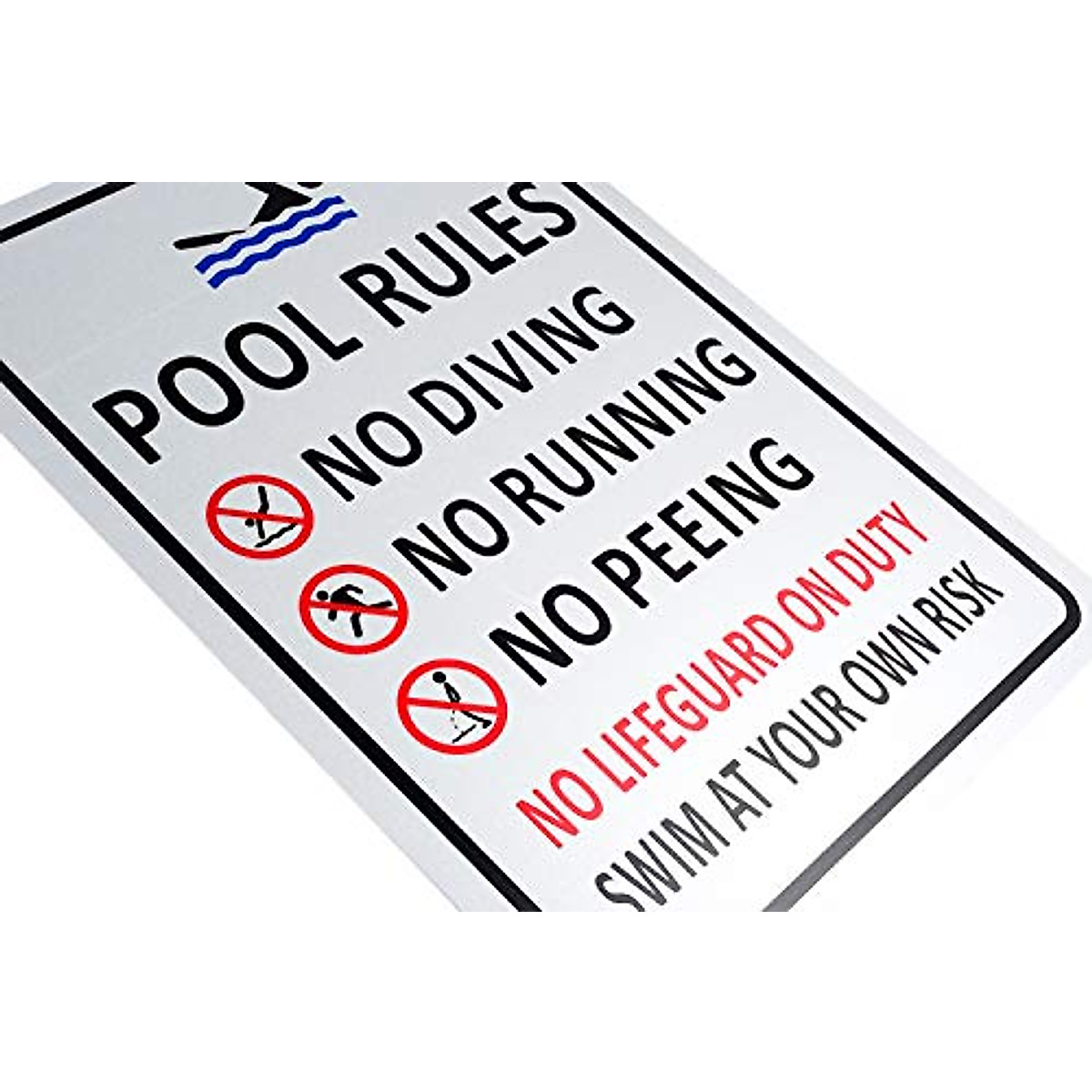 Kichwit Pool Rules Sign for Outdoor, Backyard Metal Swimming Pool Sign, No Diving No Running No Peeing No Lifeguard on Duty Sign, Aluminum, Weather Resistant, 9.4 x 13.4 Inches, Silver