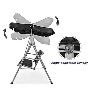 Vilobos Outdoor Patio Swing Chair, 3-Seater Porch Swing Bench with Adjustable Canopy and Duracble Metal Stand, Swing Set for Backyard, Porch and Garden, Black