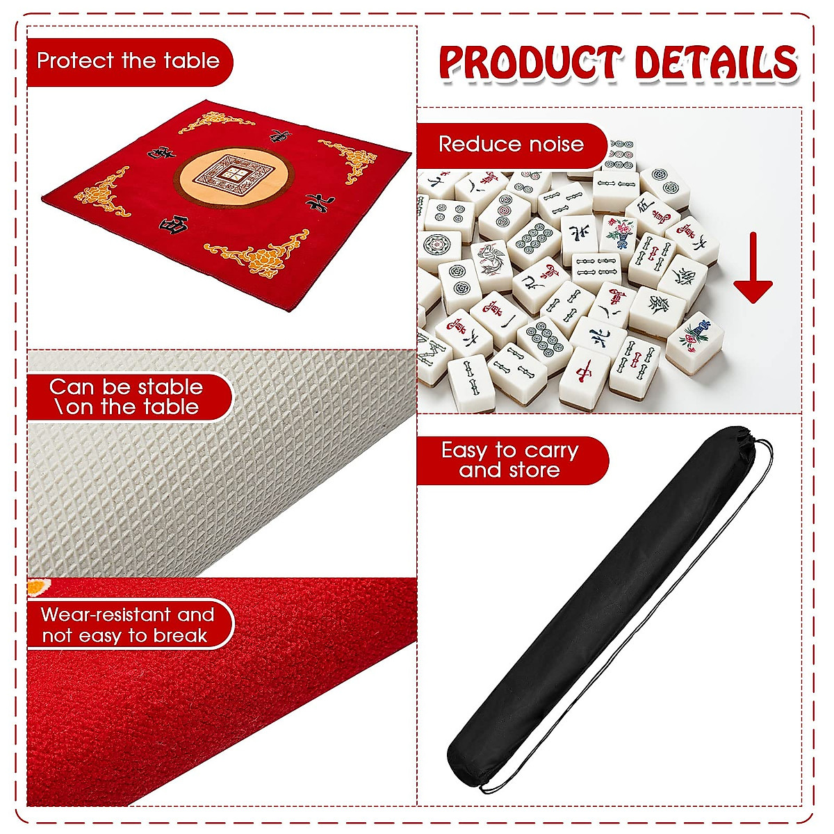 Juexica Mahjong Mat with Bag, Anti Slip Noise Reduction Table Cover Board Game Mat Mahjong Table Mat Mahjong Accessories Tablecloth Mahjong Paigow Poker Cards (Red)