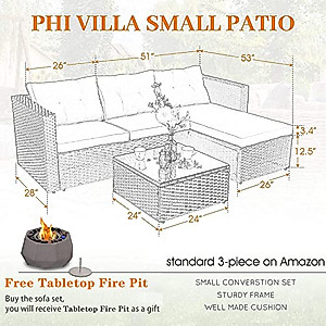 PHI VILLA 77" Wide Outdoor Rattan Sectional Sofa with Cushions - Small Patio Wicker Furniture Set (3 - Person Seating Group, Beige) Tabletop Fire Pit Included