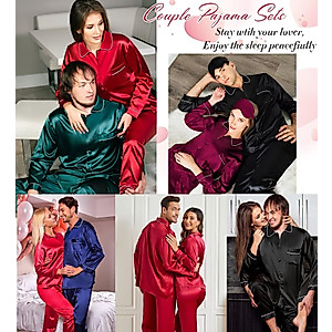 SWOMOG Couple Silk Satin Pajamas Set 2Pcs Matching Famliy Sleepwear Button Down Loungewear Men & Women Pjs with Pants Black