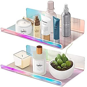 NiHome 2-Pack Medium Iridescent Acrylic Floating Shelves with Edge, 7.9"x4.5" Rainbow Ledge Shelf Adhesive & Screw Wall Mounting Phone Holder Shelf for Home Décor, Bathroom, Kitchen and Office