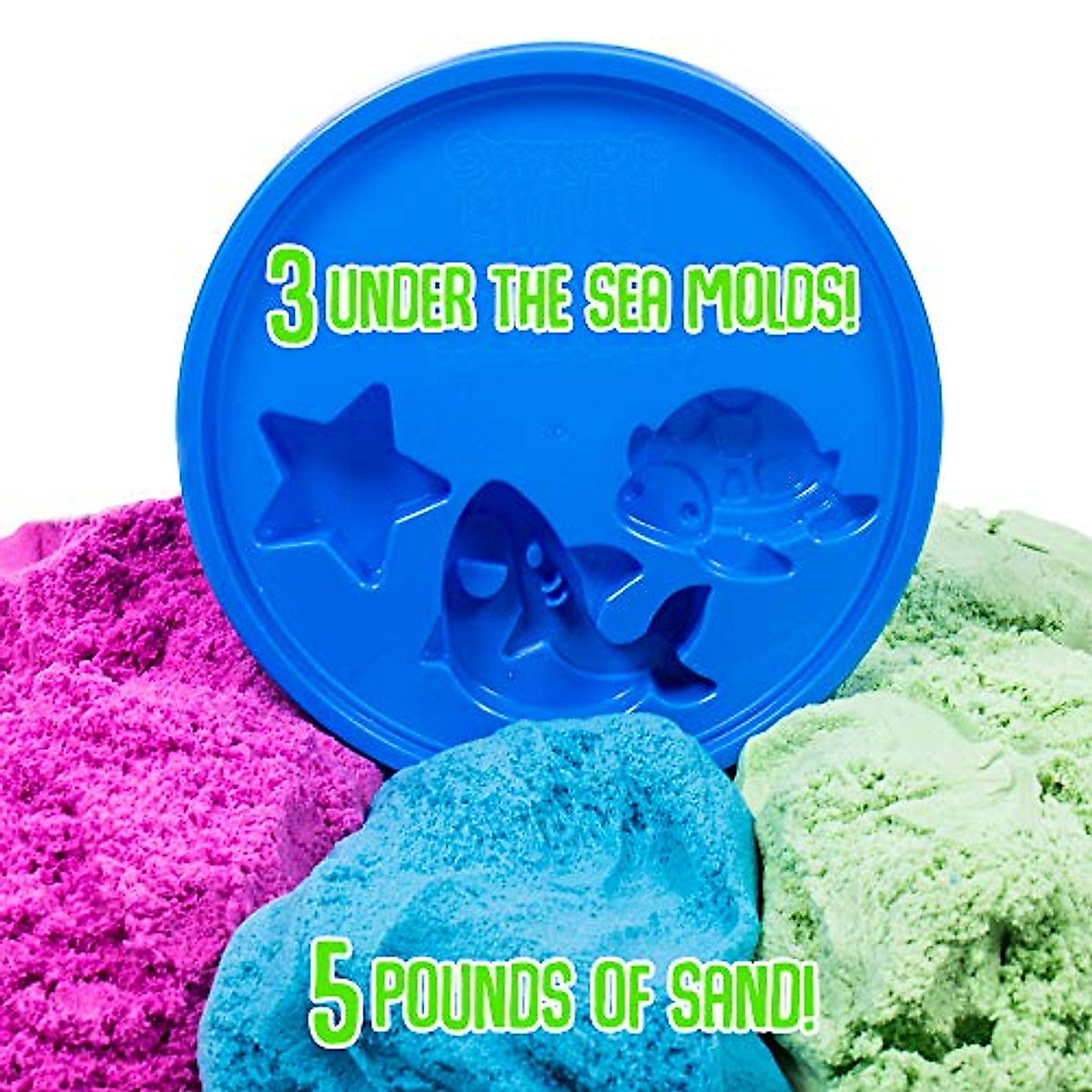 SLIMYSAND Bucket - 5 Pounds of Slimy Sand in 3 Colors (Blue, Green, Purple) - Cotton Candy Sand Play Set with 3 Molds and Reusable Bucket for Storage - Super Stretchy & Moldable Cloud Slime