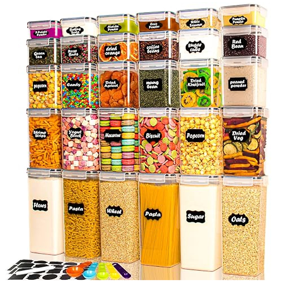 30 Pack Food Storage Containers with Lids Airtight, Kitchen Pantry Organizers and Storage for Cereal Flour Sugar Pasta Snacks, Clear Plastic BPA Free Dry Food Canisters with Labels & Measuring Spoons
