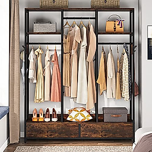 Tribesigns Freestanding Closet Organizer with 2 Drawers, 71’’H X 55’’W Heavy Duty Garment Rack with Shelves and 6 Hooks, Wardrobe Closet Clothes Rack for Hanging Clothes, Clothing Storage for Bedroom