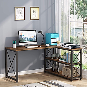 Tribesigns Reversible Industrial L-Shaped Desk with Storage Shelves, Corner Computer Desk PC Laptop Study Table Workstation for Home Office Small Space (Brown, 53")