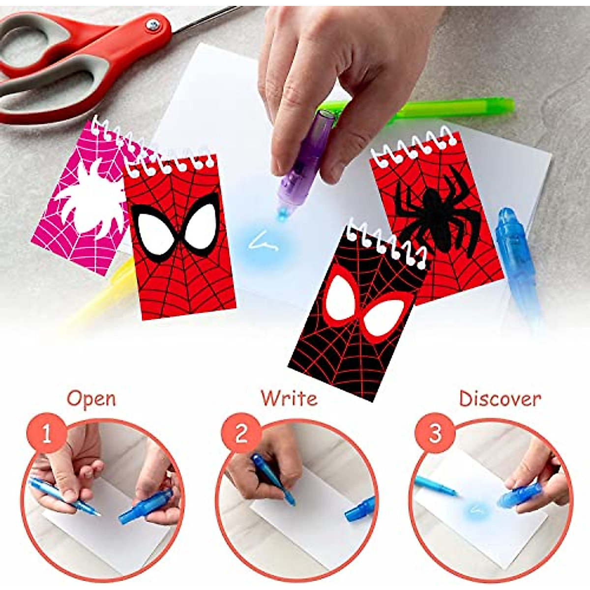 Jiaoohoo Spider Hero Party Favors | Set of 12 Invisible Ink Pen and Mini Notepads | Goodie Bag Stuffers for Superhero Game Party, Gifts, Classroom Prizes