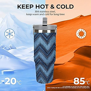 WITHSBKK 30oz Car Cup Gradient Blue Denim Printed with Portable, Stainless Steel Travel Mug, Vacuum Insulated Tumbler And Straw, Leakproof for Car & Outdoor, UV Printed Design