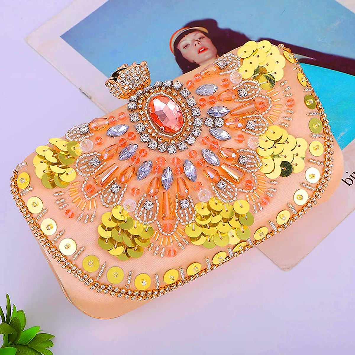 VEABEST Women Evening Handbag Rhinestone Sparkly Glitter Clutch Purse Wedding Clutch for Bridal Wedding Prom Party (Champagne 1)