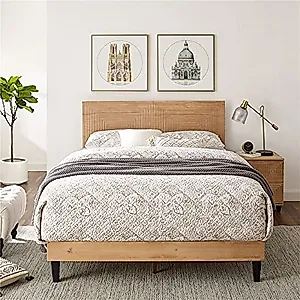 MUSEHOMEINC Mid Century Modern Solid Wood Platform Bed,Queen Size Bed Frame with Adjustable Height Headboard, Wood Slat Support Bed Frame, Bed Frame No Box Spring Needed