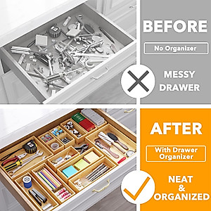 SpaceAid 14-Piece Bamboo Drawer Organizer Storage Boxes Set, Wood Tray Junk Drawer Organizers Multi-Use Divider Bins for Kitchen, Bathroom, Office Desk and Makeup Organization (14 Pack, Natural)