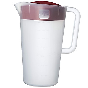 Good Cook 1/2 Gallon Plastic Straining Pitcher Square Lid with 3 Strainers and Close No Spill, Dishwasher Safe, Clear and Red