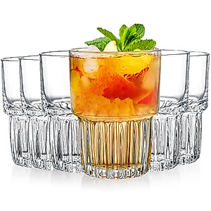 DEAYOU 6 Pack Drinking Glasses Set, 12 OZ Clear Striped Iced Tea Water Glass Cup, Stackable Rocks Glasses, Thick Tempered Glass Tumbler with Heavy Base for Juice, Milk, Cocktail, Spirits, Daily Use