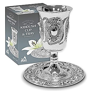 Ner Mitzvah Tall Kiddush Cup and Tray - Premium Quality Silver Plated Goblet With Stem - Shabbat and Havdalah Goblet - Judaica Shabbos and Holiday Gift