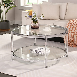 MISPACIO Tempered Glass Round Coffee Table, 32" Modern Acrylic Legs Circle Coffee Table with Clear Glass Top for Storage, Circular Center Table with Open Shelf for Living Room