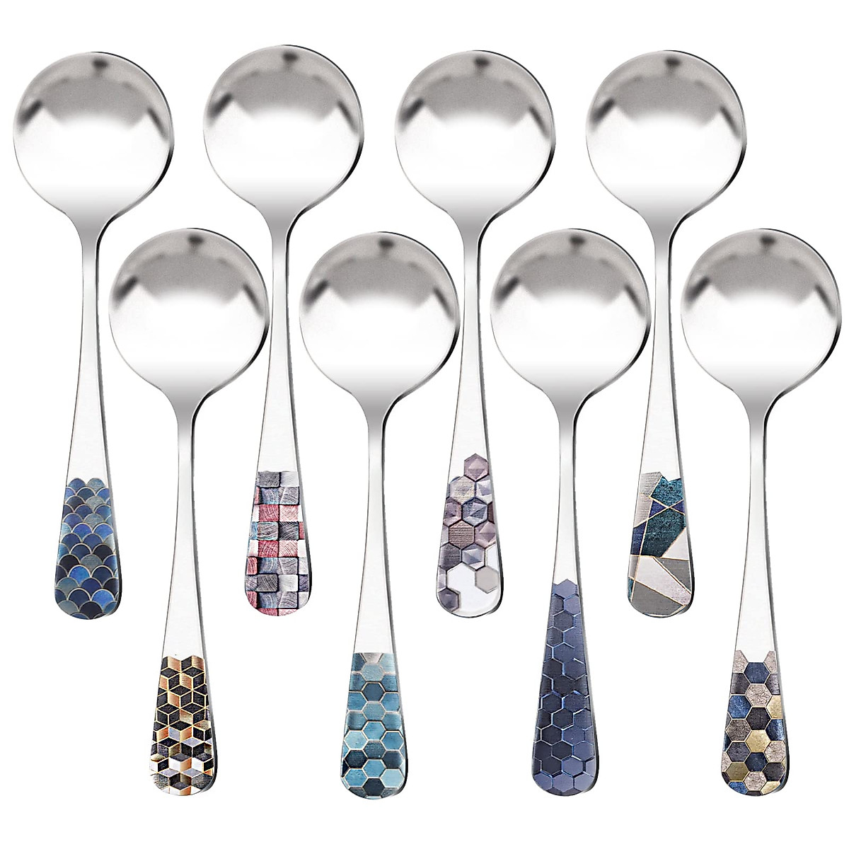 RETON 8 Pcs Soup Spoons Set, 18/10 Stainless Steel Round Spoons, Fashion Thick Korean Spoons Mirror Polished Asian Soup Spoon, Dinner Spoons Silverware for Soup Bouillon Cereal Milk Tea, 6.3 Inch