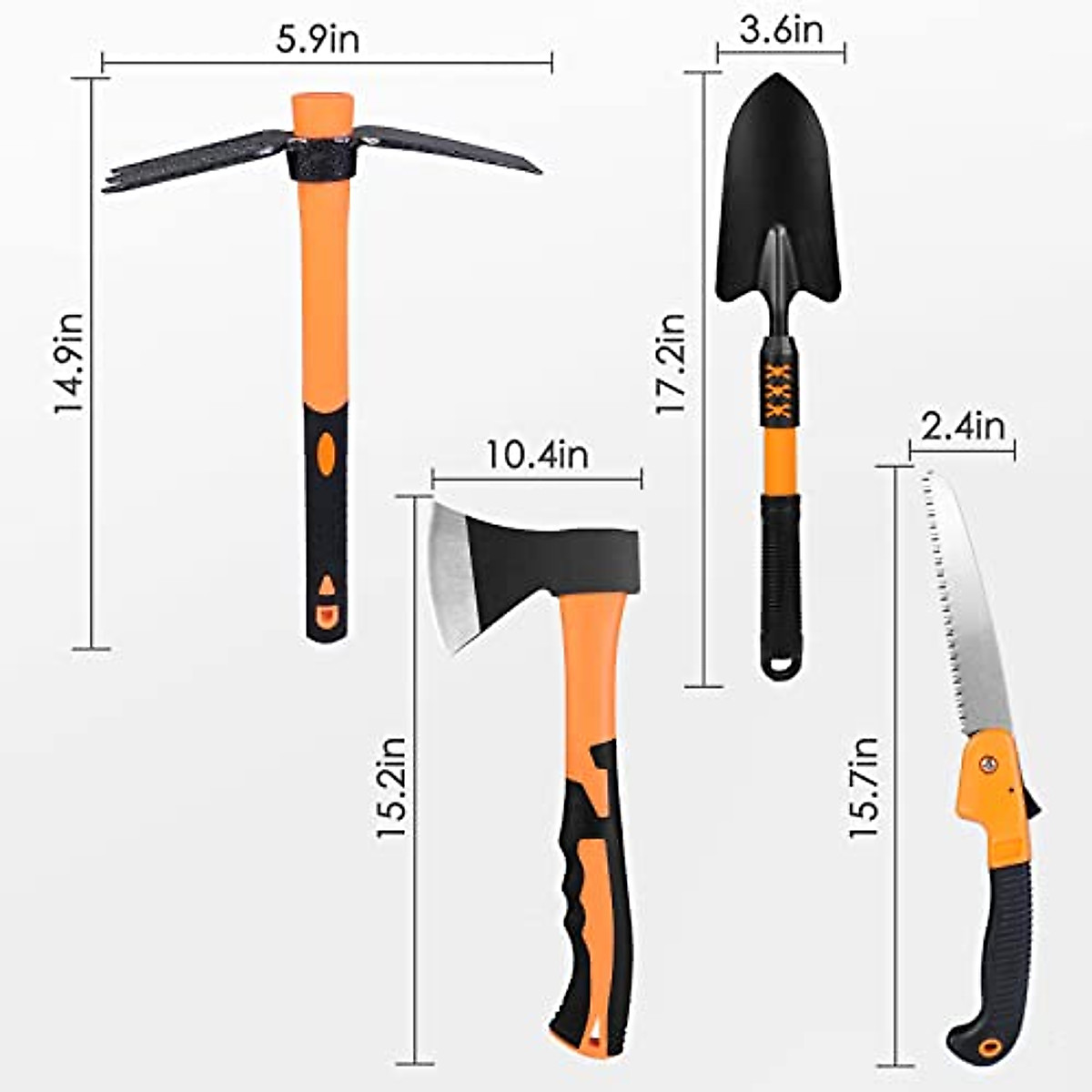 4 Piece Garden Tool Set A Hand Trowel, Transplanter, A Hoe and Cultivator Combo, Folding Saw Ergonomically Shaped Fiberglass Handle Design Shock-Absorbing Non-Slip Ideal for Campers, Hikers
