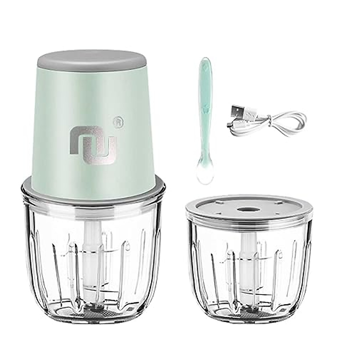 Portable Cordless Electric Baby Food Processor/Mini Food Chopper Rechargeable 150W/1200mAh 2 Glass Cups 10oz/20oz Containers for Vegetable/Fruit/Meat, Baby Foods Container with Silicone Baby Spoon for Dicing, Mincing and Puree (2 cups included）