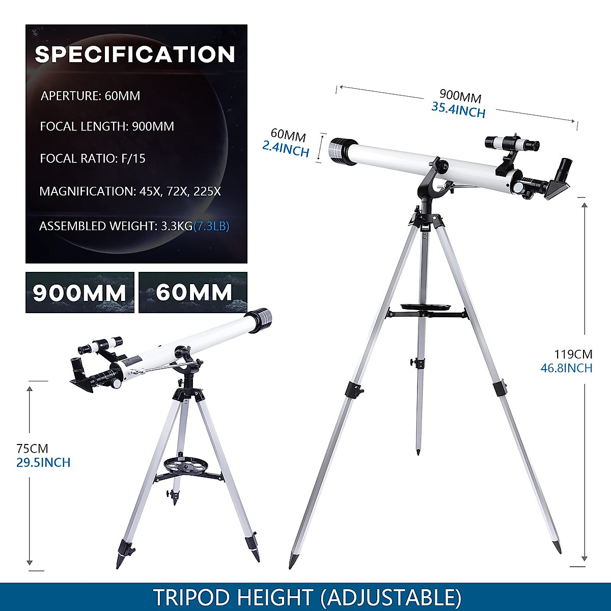 Telescopes for Adults Astronomy, 60mm Aperture 900mm Refractor Telescope for Astronomy Beginners Adults, with Tripod, Wire Shutter, Phone Adapter