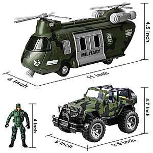 JOYIN Military Vehicles Toy Set of Friction Powered Transport Helicopter and Military Truck with Light and Sound Siren and Army Men Soldier Action Figures for Kids