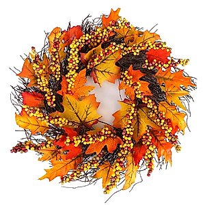 Hoomall Fall Wreath for Front Door, Fall Door Wreath with Berry Maple, 17.5'' Thanksgiving Wreath for Front Door, Hanging Home Party Wreath Decoration Halloween Decor Autumn Wreath Inside Outside