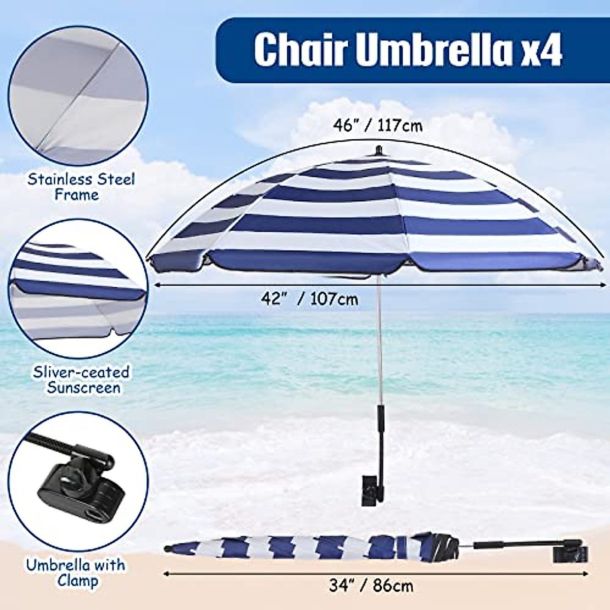 Sanwuta 4 Pcs Chair Umbrella with Clamp 46 Inches UPF 50+ Portable Clip on Parasol for Patio Adjustable Sunshade Umbrellas Beach Umbrella for Chair, Strollers, Wheelchairs, Golf Carts, Patio Chairs