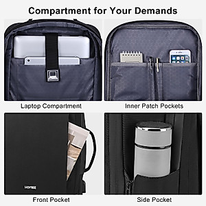 HOMIEE 30L Travel Laptop Backpack for Men Women, 15.6 Inch Expandable Backpack with USB Charging Port, Water Resistant Business Work College Bag, Black