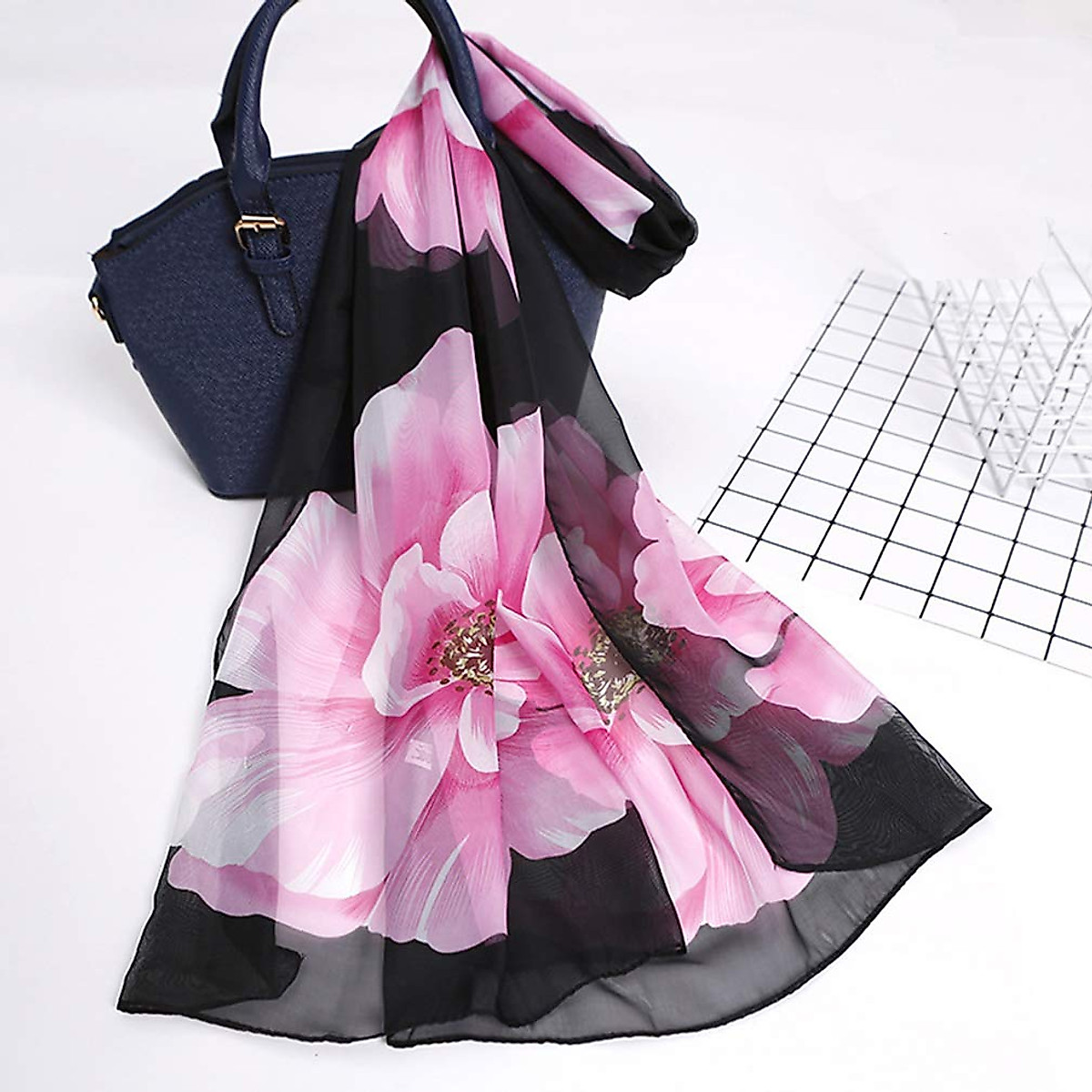 E-Clover Women Soft Floral Print Shawl Chiffon Sheer Scarf Mothers Day Gift (A-Black&Pink)