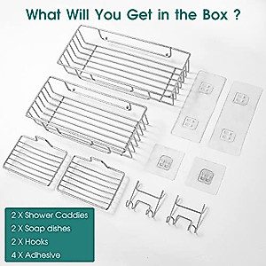 SwizioCo Bathroom Shower Caddy Organizer 2 Baskets with 2 Soap Dishes Hooks for Shampoo Conditioner, No Drilling Adhesive Wall Mount Storage Accessories, Rustproof SUS304 Stainless Steel Silver