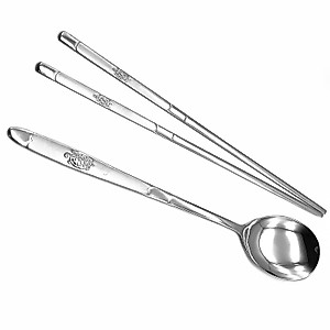 SUPIA Korean Traditional Cutlery Stainless Steel Spoons and Chopsticks Set Tableware with Long-hand, Reusable (Silver Turtle)