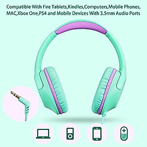POWMEE Kids Headphones Over-Ear Headphones for Kids/Teens/School with 94dB Volume Limited Adjustable Stereo 3.5MM Jack Wire Cord for Fire Tablets/Travel/PC/Phones(Mint Green)