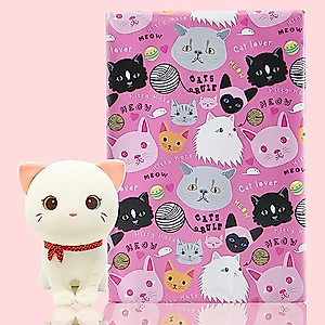 Dtiafu Cat Wrapping Paper for Girls Kids Women - 12 Sheets Pink White Gift Wrap with Cat Fish Patterns for Birthday Baby Shower Cat Party - 20 x 28inch Per Sheet