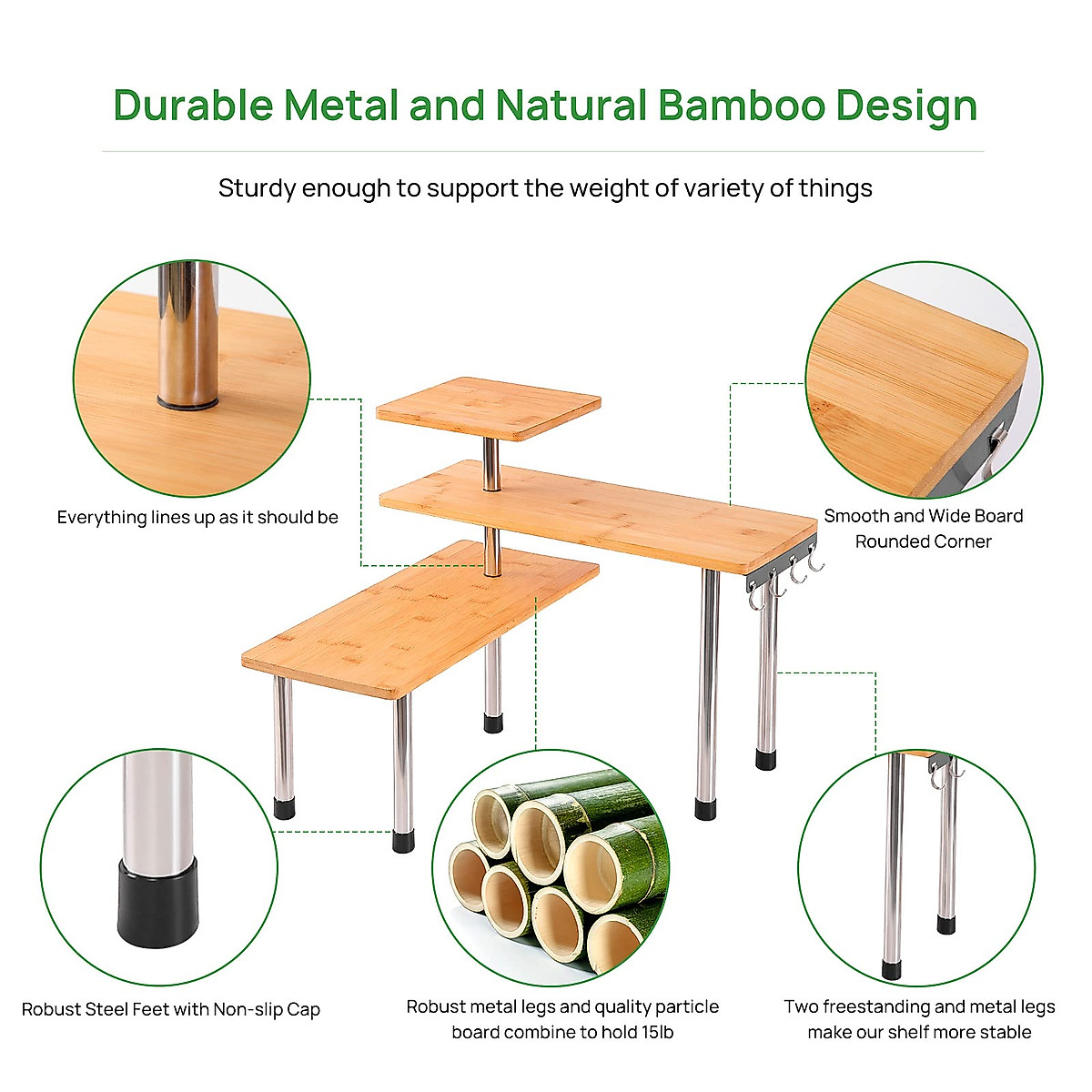 3 Tier Corner Shelf Bamboo Countertop Organizer Bookshelf Display Shelves Space Saving Rack for Living Room, Kitchen, Office (with Hooks)