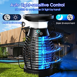 Sayneep Solar Bug Zapper Outdoor, 4200V Effective Mosquito Zapper, Rechargeable Cordless Bug Zapper Outdoor with 4000mAh Battery, Portable Electric Fly Zapper for Patio, Porch, Garden, Kitchen, Black