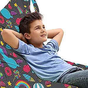 Lunarable Cartoon Lounger Chair Bag, Fantasy Unicorn Balloons Candies Bagels Ice Cream Hearts Rainbows Cartoon Theme, High Capacity Storage with Handle Container, Lounger Size, Multicolor