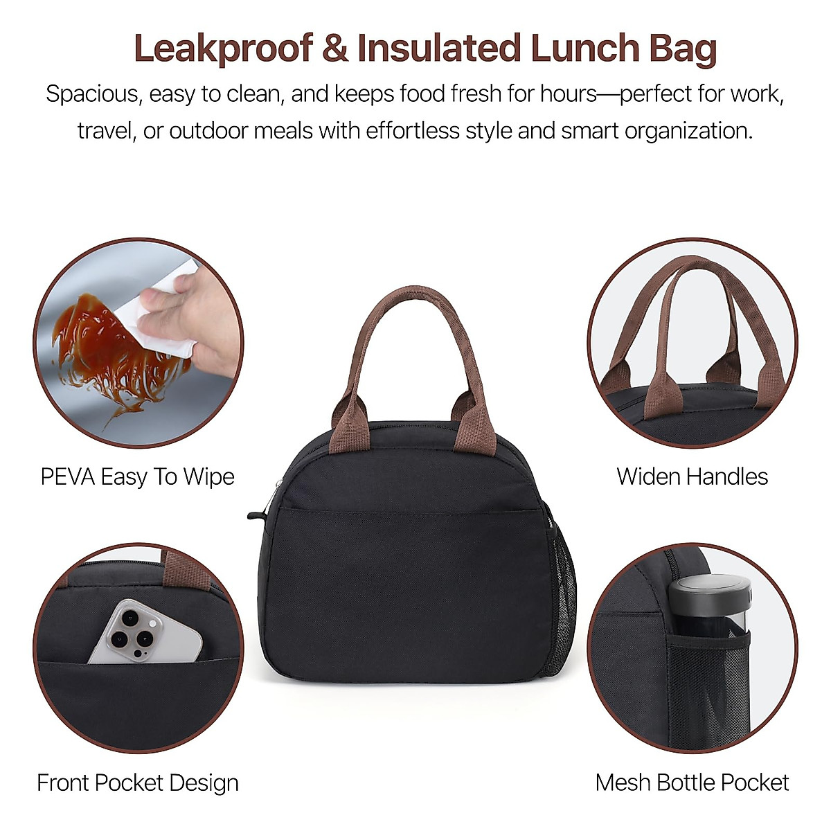 Lunch Bag, Bagseri Insulated Lunch Tote Bags for Women Men, Portable Reusable Adult Lunch Cooler Bag Thermal Organizer, Water-resistant Lining (Dark Grey)