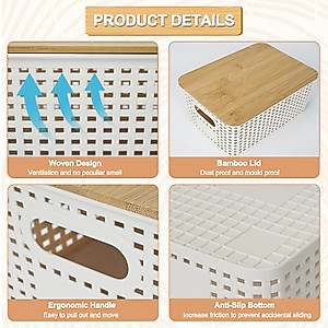UHAPEER 6 PCS Storage Bins with Bamboo Lids Plastic Baskets Plastic Storage Containers for Organizing Stackable Storage Box with Handle for Shelves Drawers Desktop Closet Classroom Office（White）