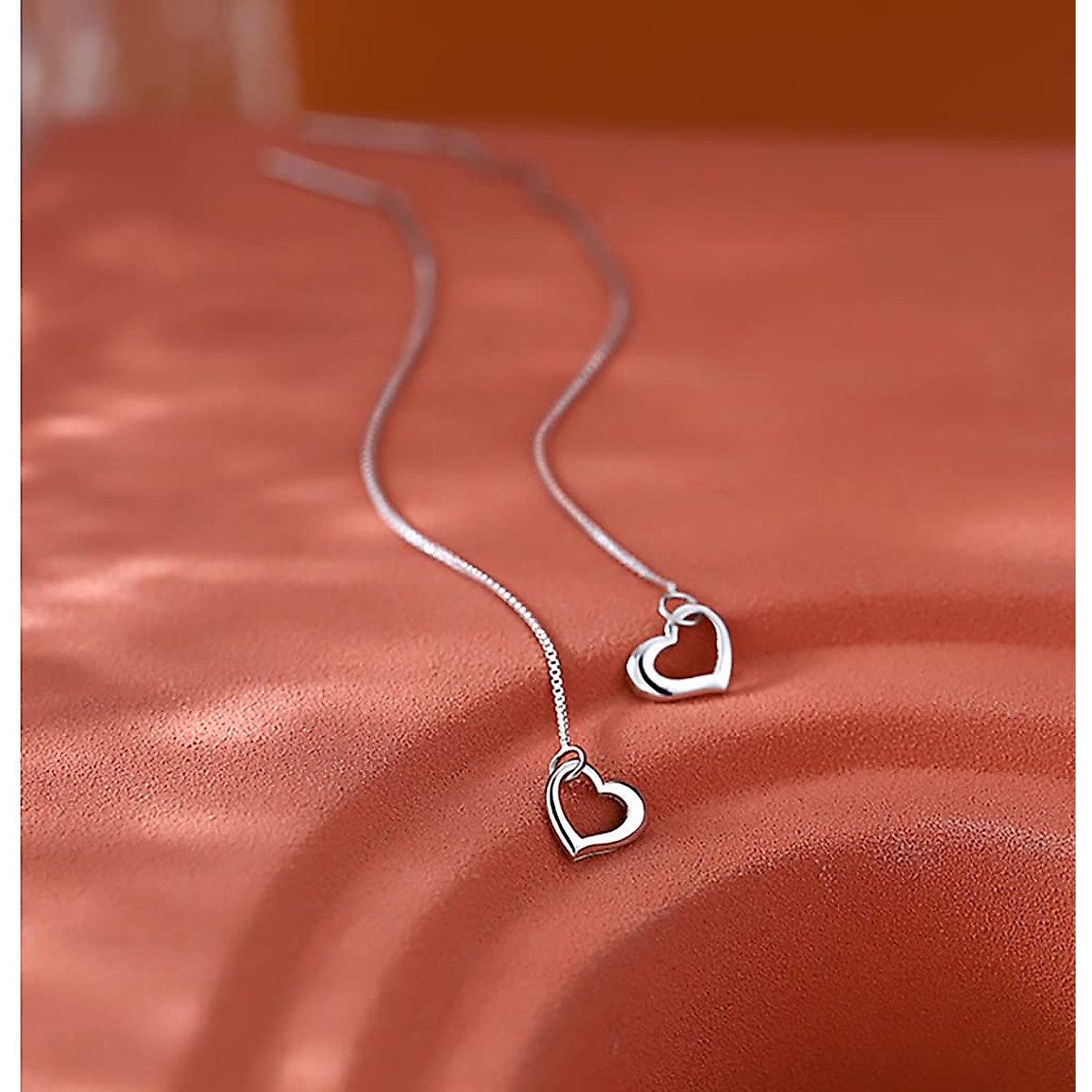 Reffeer Solid 925 Sterling Silver Love Heart Chain Dangle Earrings Tassel for Women Heart Dangle Earrings Threader Drops (A-Silver)