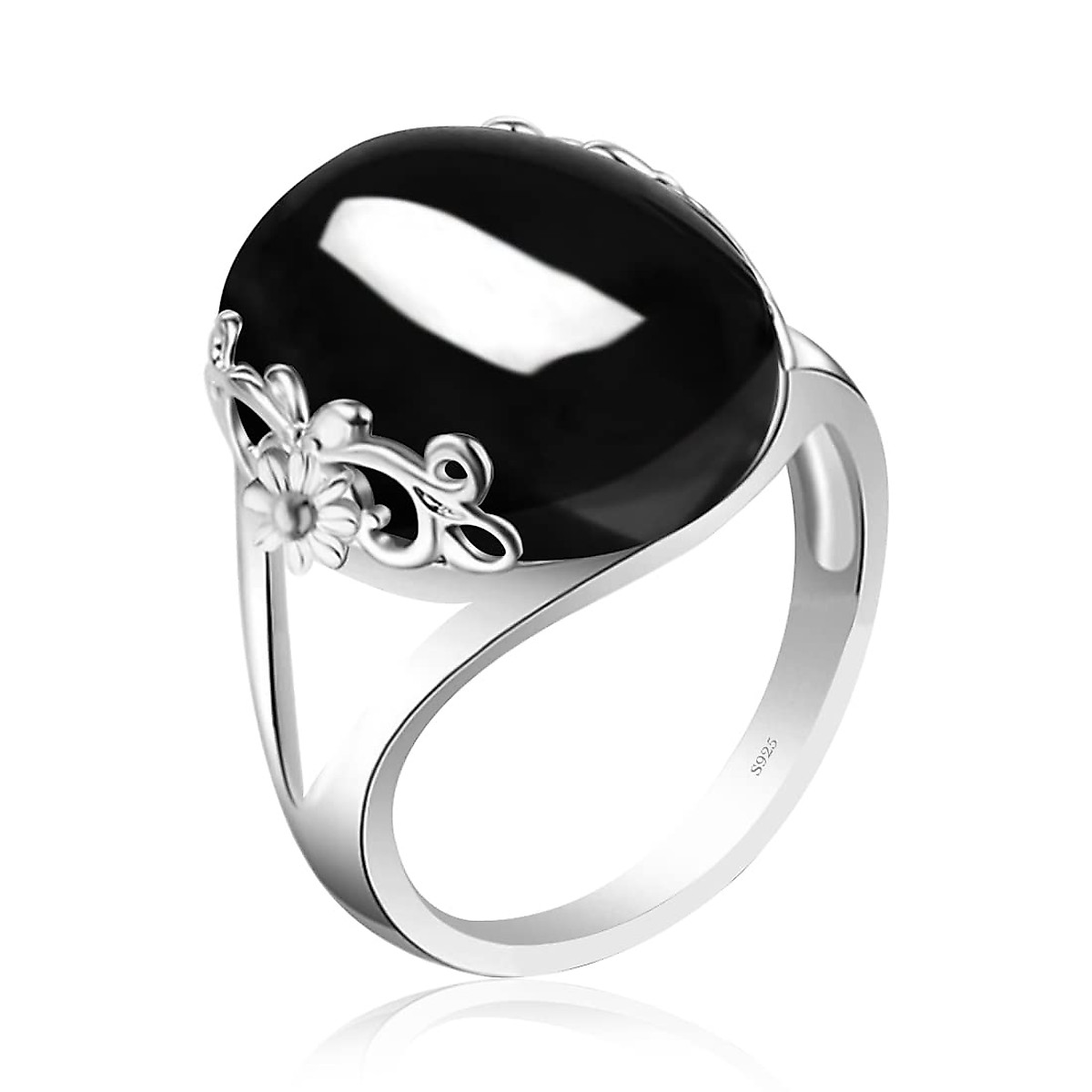 DALEGEM Natural Black Obsidian Onyx Agate Crystal Stone Ring for Women,S925 Sterling Silver Real Genuine Quartz Gemstone Turkey Ring Jewelry (Stone_D, 6)