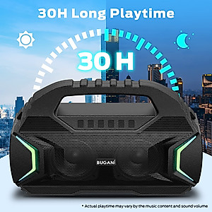 BUGANI Bluetooth Speakers, Party Plus Wireless Portable Speaker with 60W Big Power Dual Pairing True Wireless Stereo Sound, 30H Playtime, Support TF/AUX/USB, Suitable for Party, Outdoor Speaker