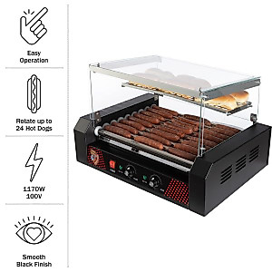 Hot Dog Roller - Stainless-Steel 9-Roller Hot Dog Machine with Bun Warmer and Cover - Hotdog Roller Grill for 24 Hot Dogs by Great Northern Popcorn