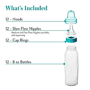 Evenflo Feeding Classic Clear Plastic Standard Neck Bottles for Baby, Infant and Newborn - Teal/Green/Blue, 8 Ounce (Pack of 12)
