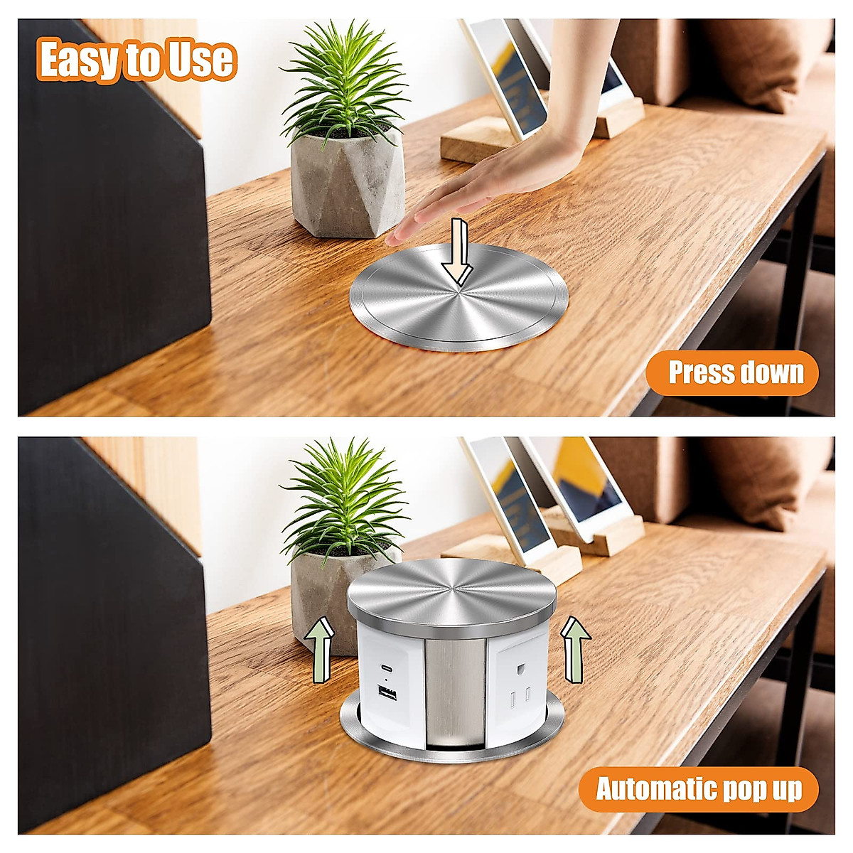 Pop Up Outlet for Countertop, Retractable Recessed Power Strip with 3 Outlets 1 USB A 1 USB C Port, Automatic Pop Up Outlet for Office Kitchen Island, White