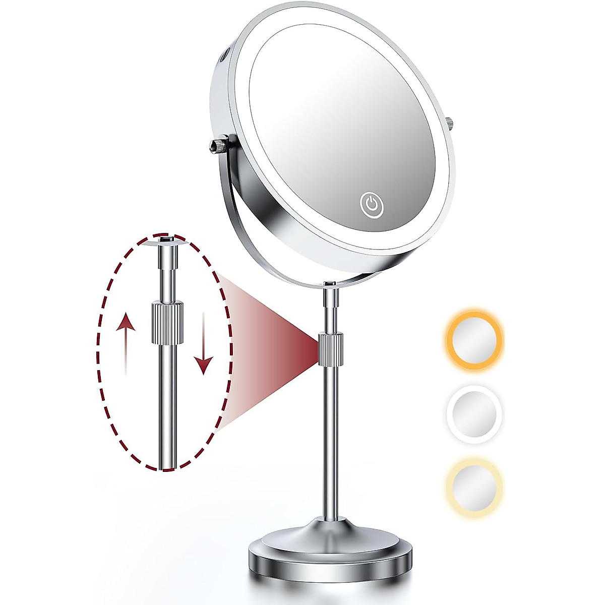 mumianshu Makeup Mirror with Lights and Magnification 10X/1X, 360° Swivel Double Sided Rechargeable LED 9" Cosmetic Mirror, 3 Color Dimmable Lights & Height Adjustable Vanity Mirror Chrome