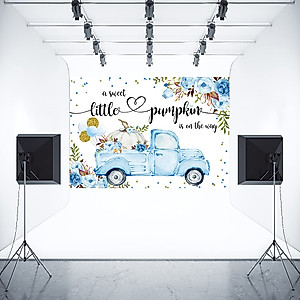 Aperturee Little Pumpkin Baby Shower Backdrop 7x5ft A Little Sweet Pumpkin is On The Way Blue Floral Truck Balloons It's a Boy Photography Background Fall Autumn Party Decorations Banner Photo Booth