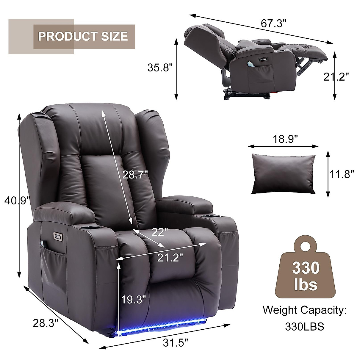 BINGTOO Electric Power Recliner Chair with Massage and Heat Recliner Chairs for Adults Living Room, Wingback Recliners Ergonomic Lounge Sofa Home Theater Seating with LED Light, Cup Holders, USB