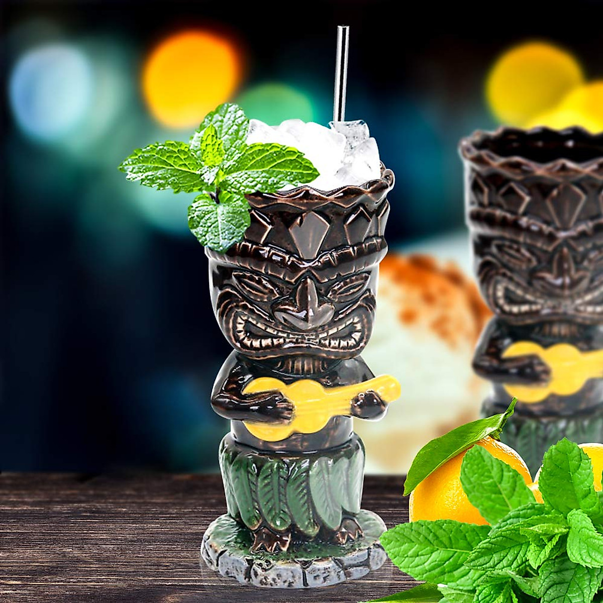 SuproBarware Tiki Mugs Set of 4– Ceramic Hawaiian Party Mugs Large Drinkware, Tiki Bar Mugs for Cocktails, Tropical Cups Drinks for Exotic Party - TJB02 (4pcs)